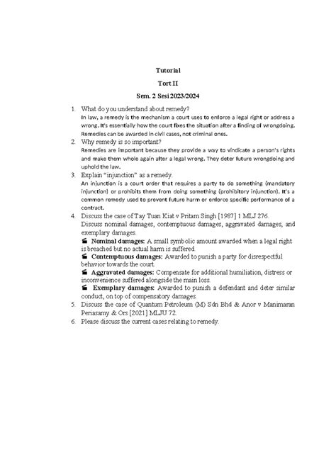 Tutorial On Remedy Tort 2 Sem 2 Tutorial Tort II Sem 2 Sesi 2023 1 What Do You Understand