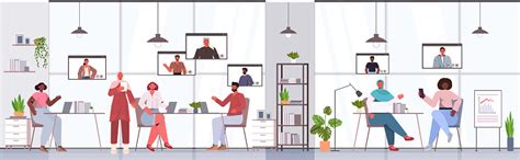 온라인 컨퍼런스 회의를 하는 사람들이 화상 통화 중에 믹스 레이스 동료와 채팅하는 사업가 가공의 인물에 대한 스톡 벡터 아트 및 기타 이미지 가공의 인물 가상현실