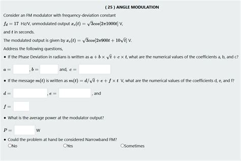 Solved ANGLE MODULATION Consider An FM Modulator With Chegg
