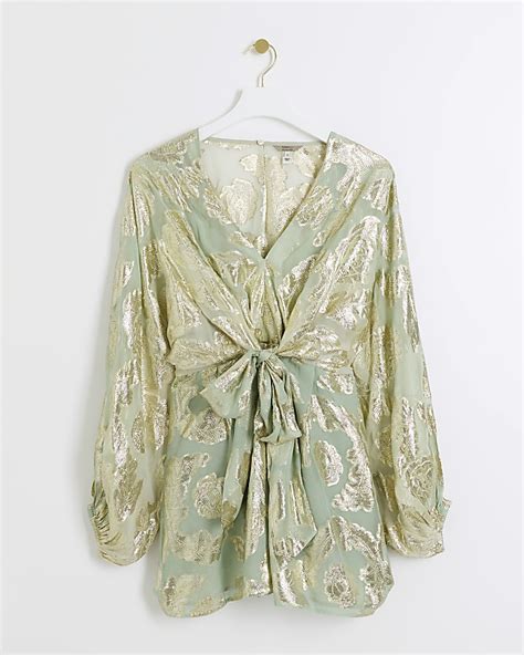 Green Metallic Detail Tie Waist Playsuit River Island