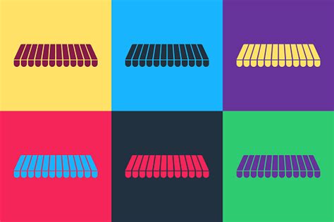 팝 아트 스트라이프 차양 아이콘은 색상 배경에 격리되어 있습니다 야외 선쉐이드 표지판 상점 카페 거리 레스토랑을위한 차양 캐노피 벡터 Emergency Shelter에 대한