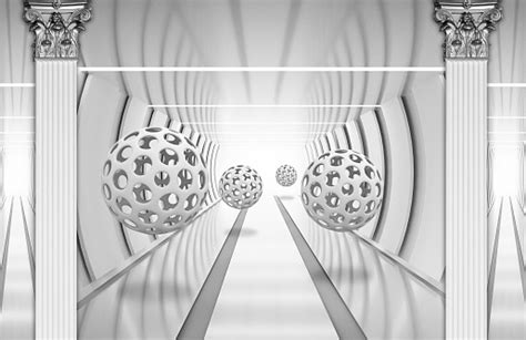 3d 벽화 디지털 일러스트 실버 터널 구와 기둥 현대 렌더링 회색 인테리어 벽지 가정의 방에 대한 스톡 사진 및 기타 이미지