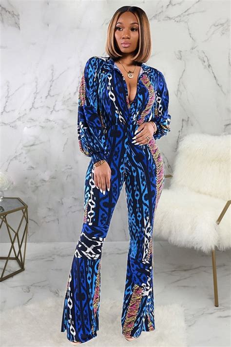 Womens Long Sleeved Jumpsuits With V Neck And Printed