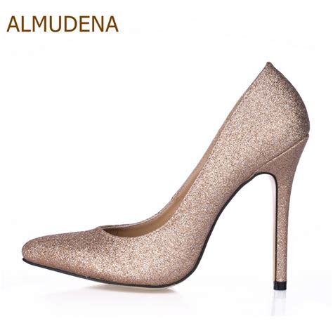Almudena High End Champagne Gold Bling Bling High Heel Pumps Slip On