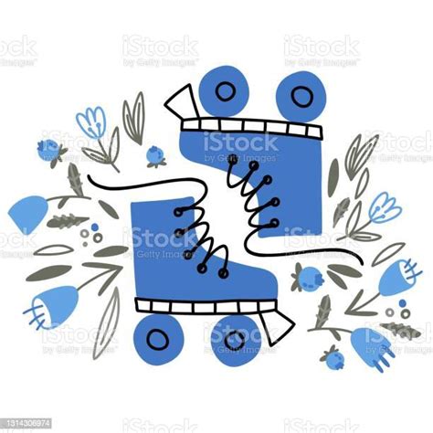 귀여운 낙서 롤러 스케이트 손 흰색 배경에 고립 그려진 벡터 여름 꽃과 잎 어린이 직물에 대한 벡터 요소 롤러 스케이트에 대한 스톡 벡터 아트 및 기타 이미지 Istock