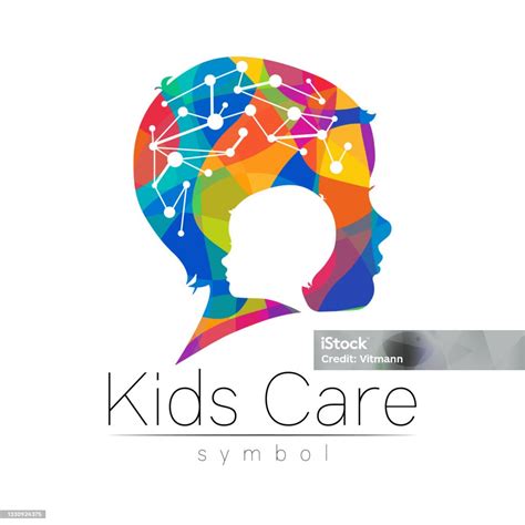 벡터의 자식 무지개 로고 타입 실루엣은 뇌와 인간의 머리를 프로파일 사람 어린이 자폐증 어린이 치료 클리닉 교육을위한 개념 로고 흰색으로 격리된 템플릿 기호 최신 디자인