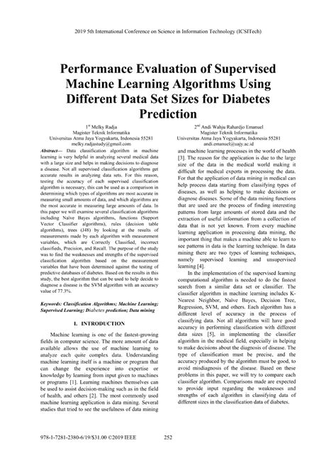 Pdf Performance Evaluation Of Supervised Machine Learning Algorithms