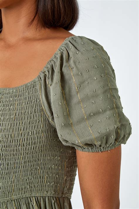Khaki Metallic Puff Sleeve Shirred Dress Roman Uk
