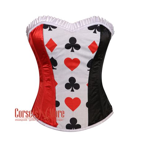 Red Black Satin With White Frill Overbust Valentine Corset Bustier Top