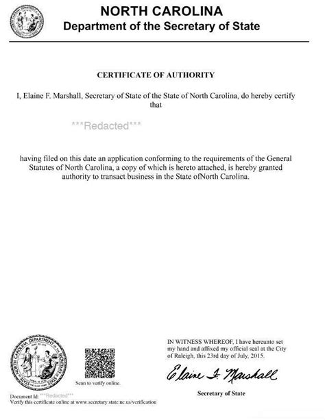 North Carolina Certificate Of Authority Certificate Of