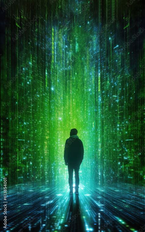 Man In Front Of Binary Code Background Matrix Concept Created With Generative Ai Technology