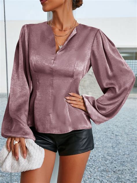 Notched Neckline Lantern Sleeve Blouse
