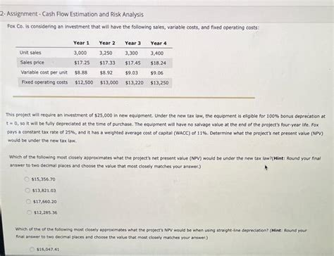 Solved Assignment Cash Flow Estimation And Risk Analysis Chegg