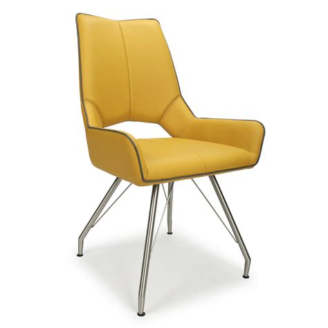 Yellow Leather Match Dining Chairs With Grey Piping Homegenies