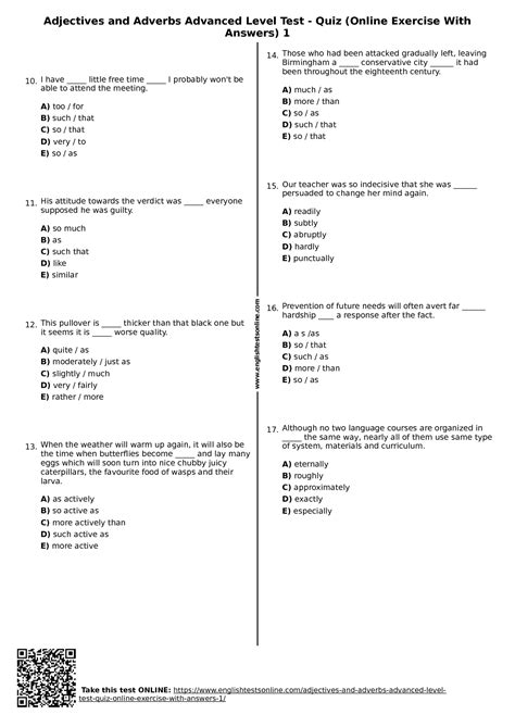 SOLUTION Adjectives And Adverbs Advanced Level Test Quiz Online Exercise With Answers