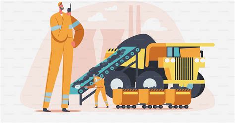 석탄 채굴 추출 산업 개념 트럭에 석탄을 싣는 광부 캐릭터 엔지니어는 운송 및 기술 화석 산업 생산으로 채석장에서