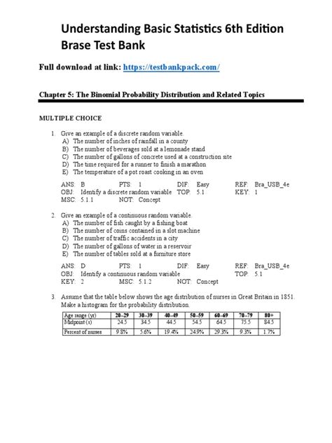 Understanding Basic Statistics 6th Edition Brase Test Bank Download Pdf Multiple Choice