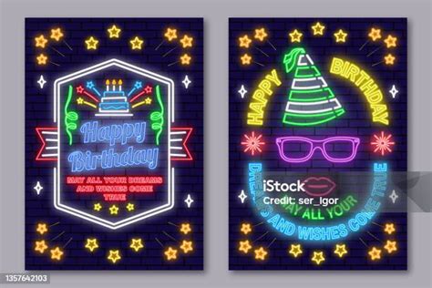 생일 축하 네온 사인 당신의 모든 꿈과 소원이 실현 될 수 있습니다 카드 전단지 안경 입술 생일 모자가 있는 포스터 벡터 생일 축하 엠블럼네온 디자인 야간 네온 간판 고풍