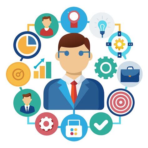 Businessman With Icons And Circles Representing A Business Process Premium Ai Generated Vector