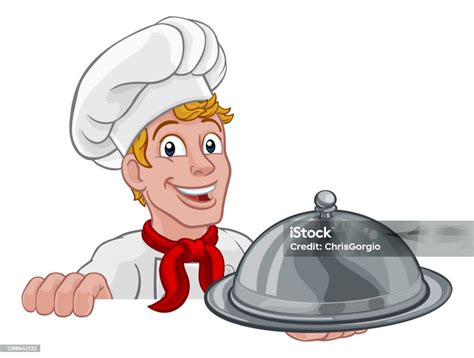Chef Cook Baker Man Cartoon Holding Domed Tray Stock Illustration