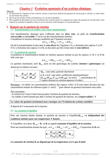 Chapitre 1 Évolution spontanée d un système chimique