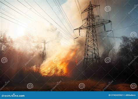High Voltage Power Line Breaking Causing Sparking And Smoke Stock