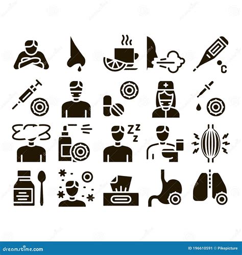 Flu Symptoms Medical Glyph Set Vector Stock Vector Illustration Of Breath Injection
