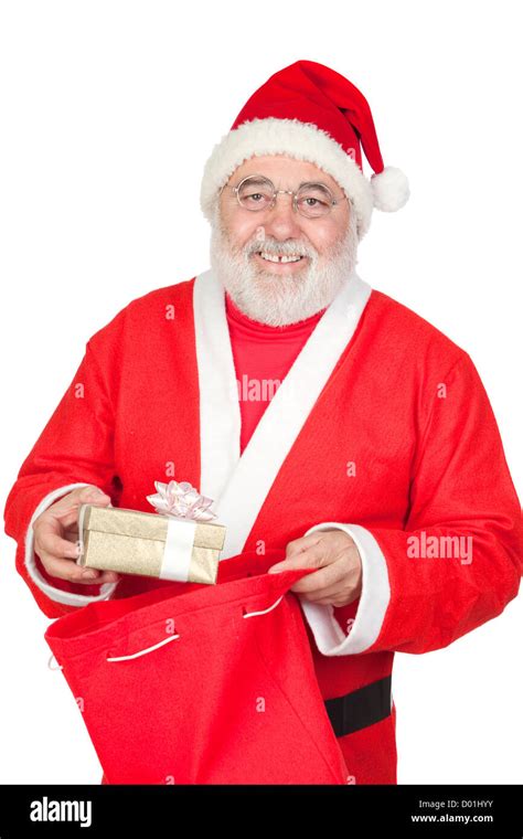 Santa Claus Getting A T From His Sack Isolated On White Background