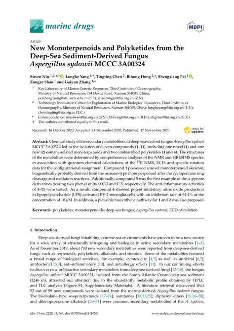 Pdf New Monoterpenoids And Polyketides From The Deep Sea Sediment Derived Fungus Aspergillus