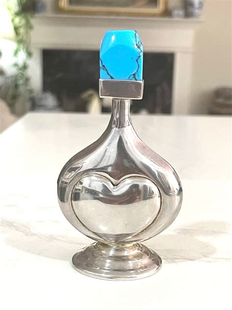 Vintage Sterling Silver Perfume Bottle With Turquoise Cap Heart Bottle