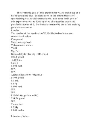 Synthesis Of E E Dibenzalacetone E E DBA Lab ReportN Docx