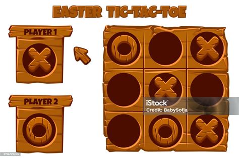 Tictactoe Wooden Style Ui Game With Cursor Arrow Vector Cartoon