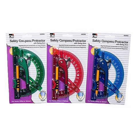 Charles Leonard Compass Safety And 6 Swing Arm Protractor Assorted Colors Pack Of 12