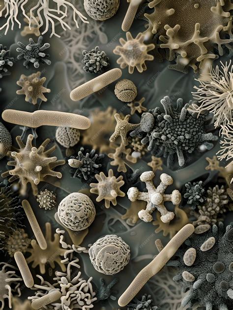 Detailed Microscopic View Of Diverse Microscopic Organisms And Cellular Structures In Shades Of