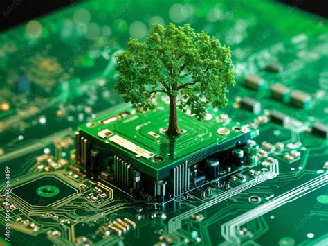 Green Tree Growing On The Converging Point Of Computer Circuit Board