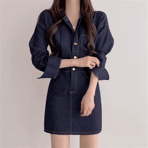 허리밴딩핏예쁨 캔버스 로망 데님 셔츠 뒷밴딩 스티치 카라 롱 버튼 미니 원피스 에이블리