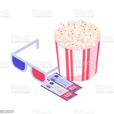 시네마는 등등 측정 세트를 제공합니다 현대 영화 엔터테인먼트 3d 안경 효과 존재 노란색 짠 팝콘 두 티켓 등측투영법에 대한
