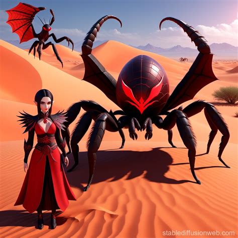 Morrigan In Oriental Clothes And Giant Tarantula In Desert Evening