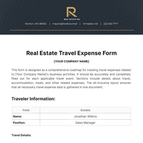 Real Estate Travel Expense Form Template Edit Online And Download