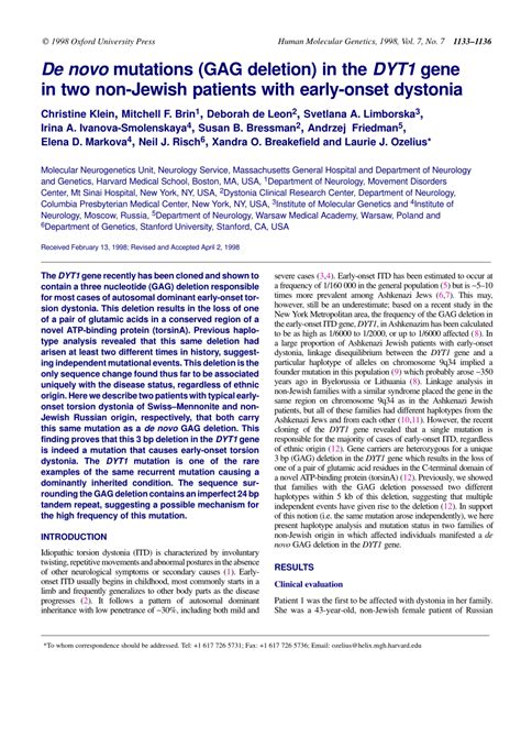 Pdf De Novo Mutations Gag Deletion In The Dyt1 Gene In Two Non