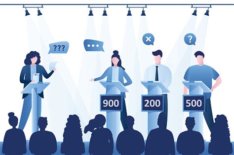 퀴즈 게임 Tv 스튜디오의 플레이어 및 발표자 가구가있는 인테리어 Tv 프로그램 촬영을위한 장소 Tv 퀴즈를 보는 시청자 연단에 숫자가있는 랙 천장 조명 Brand Name