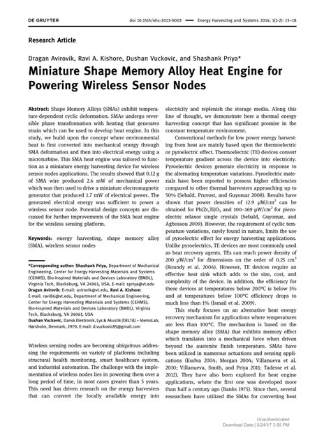 Pdf Miniature Shape Memory Alloy Heat Engine For Powering Wireless