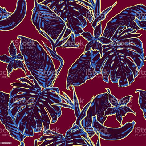 열 대 이국적인 숲과 아름 다운 벡터 원활한 패턴 나뭇잎과 꽃은 노란 선으로 손 그리기입니다 직물의 디자인에 대 한 장식 배경 계절에 대한 스톡 벡터 아트 및 기타 이미지