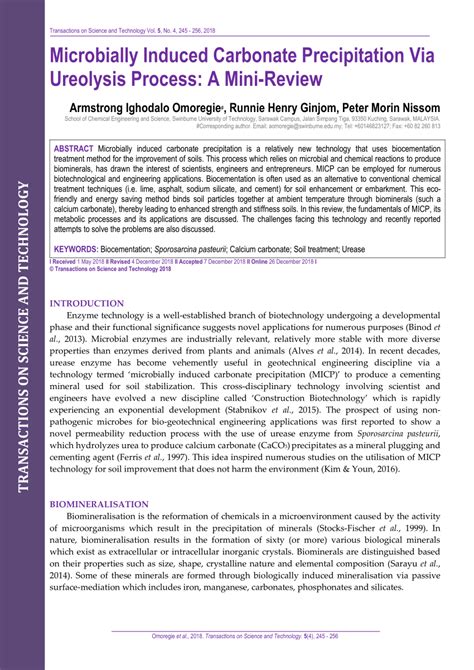 Pdf Microbially Induced Carbonate Precipitation Via Ureolysis Process