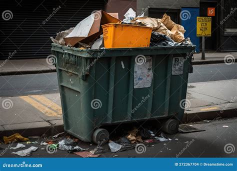 Street Garbage In Form Of Large Dumpster Filled With Overflowing Trash