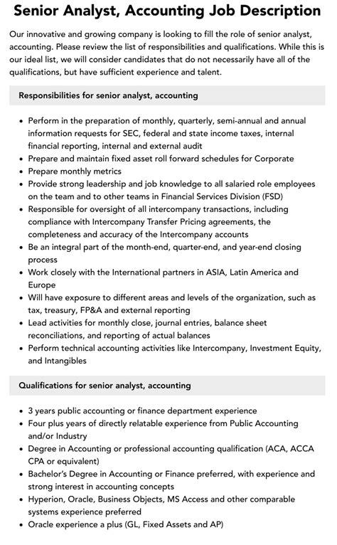 Senior Analyst Accounting Job Description Velvet Jobs