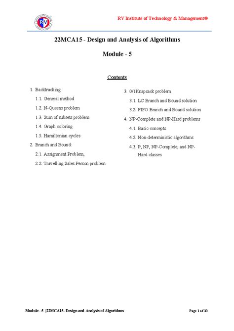 Module 5 Daa Design And Analysis Of Algorithms Page 1 Of 30 22mca15 Design And Analysis Of