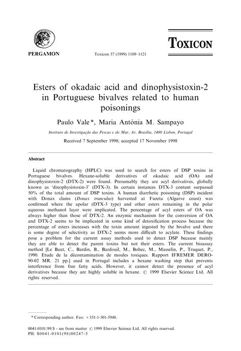 Pdf Esters Of Okadaic Acid And Dinophysistoxin 2 Portuguese Bivalves