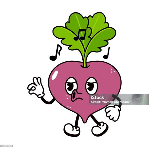 귀여운 재미있는 무 걷기 노래 캐릭터 벡터 손으로 그린 전통 만화 빈티지 복고풍 카와이 캐릭터 일러스트 레이 션 아이콘 흰색 배경에 고립되어 있습니다 무우 산책과 노래