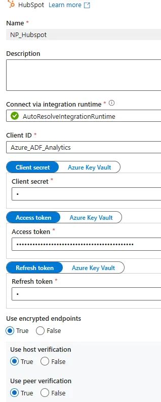 Hubspot To Azure Datafactory Linked Service